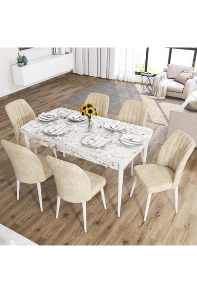 Rovena Zayn Beyaz Mermer Desen 80X132 Yemek Masası Takımı 6 Sandalyeli