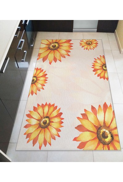 Galo Turuncu Ayçiçekli Modern Dekoratif Mutfak Halısı