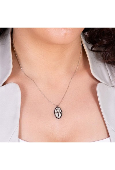 Arin 925 Ayar Zirkon Taşlı Rose Gümüş Madalyon Ankh Kadın Kolye