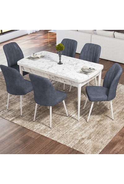 Rovena Vera Beyaz Mermer Desen 80X132 Mdf Yemek Masası Takımı 6 Sandalyeli