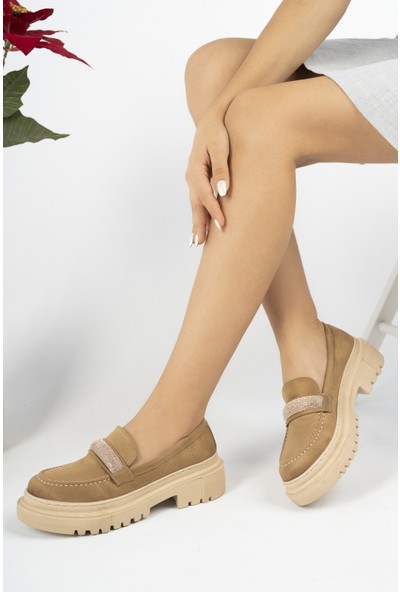 Kaygısız Kundura Kaygısız Kadın Kahverengi Taşlı Vegan Süet Oxford Ayakkabı