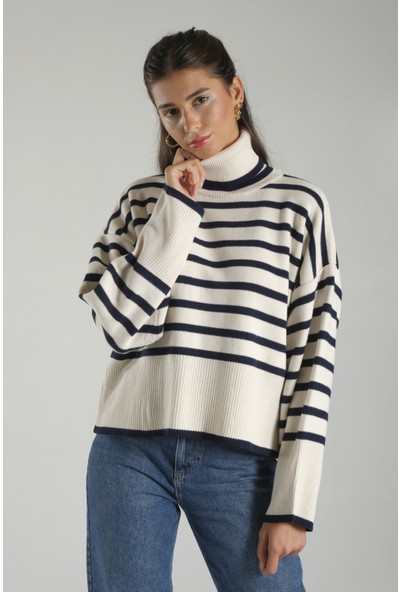 Abbra Kadın Çizgili Balıkçı Yaka Triko Kazak