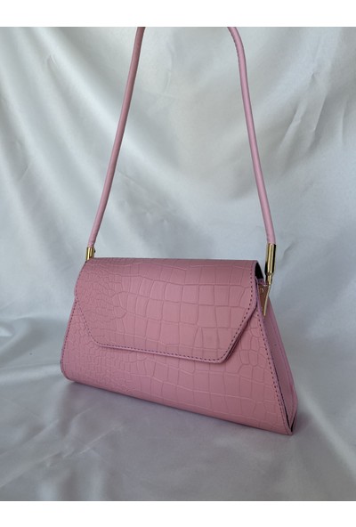 Melecco Toz Pembe Pudra Baget Baguette El ve Omuz Çantası Tokyo Askılı Çanta