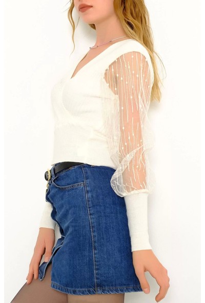 Serçe Shop Kolları Tül Detaylı Kruvaze Bluz Ekru - 10063.1612. Serçe Shop Kolları Tül Detaylı Kruvaze Bluz Ekru - 10063.1612.