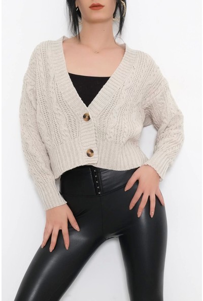 Serçe Shop Saç Örgü Düğmeli Hırka Bej - 01486.391.