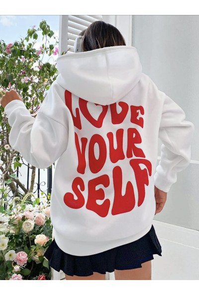 Oversize Love Your Self Baskılı 3 Iplik Kalın Pamuk Kapüşonlu Sweatshirt Oversize Love Your Self Baskılı 3 Iplik Kalın Pamuk Kapüşonlu Sweatshirt