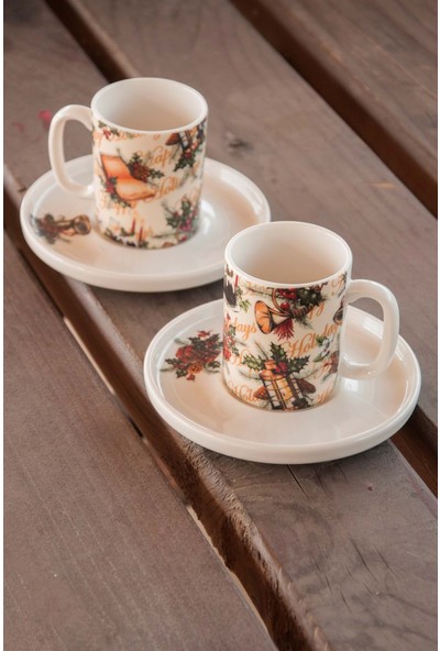 Bursa Porselen Dekor Happy Holidays Iki Kişilik Kahve Fincan Takımı