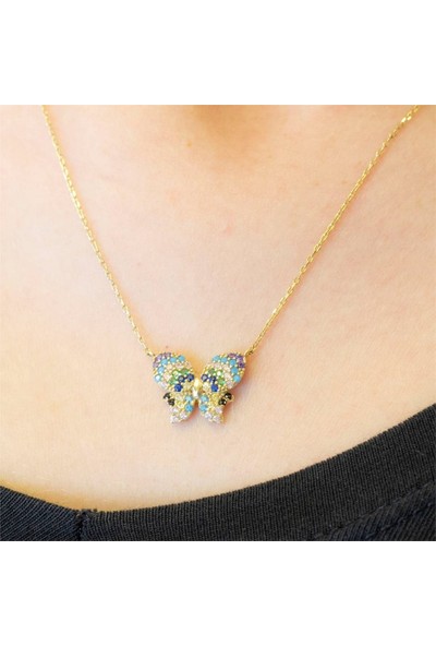 Çoklar Renkli Kelebekli Altın Kolye