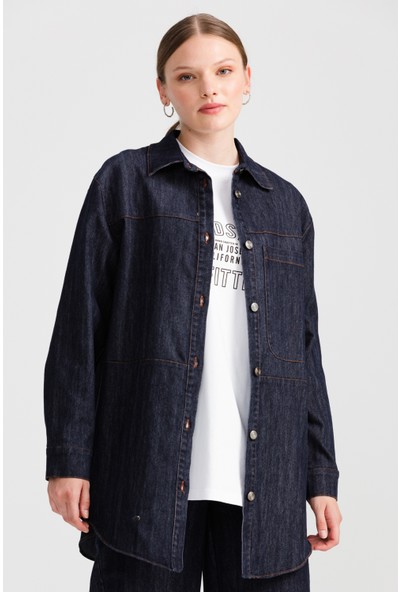 Nihan Iri Cep Detaylı Denim Ceket Indigo