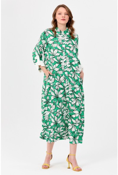 Nihan Gömlek Yaka Viskon Elbise Yeşil