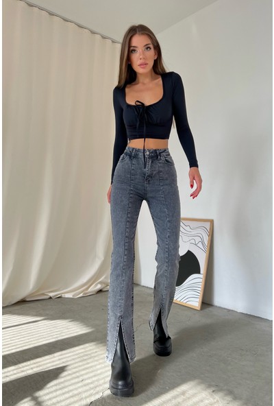 Kadın Füme Yüksek Bel Paça Yırtmaç Detay Jean 11099