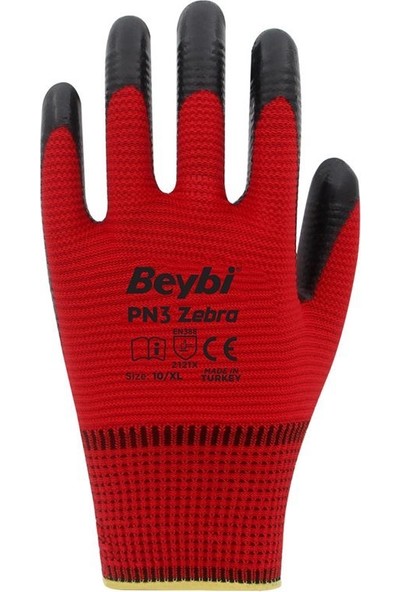 Beybi Pn3 Zebra Kırmızı 10 Iş Eldiveni 12 Çift Beybi Pn3 Zebra Kırmızı 10 Iş Eldiveni 12 Çift
