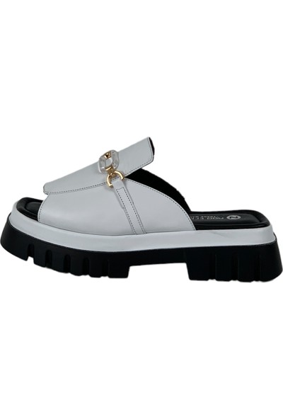 Albessa Beyaz Kadın Kalın Taban Deri Terlik