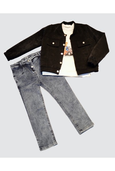 Nubuk Ceketli Uzun Kol Ayıcık Baskılı Sweatshirt ve Jean Pantolon 3' Lü Erkek Çocuk Takım 4-5-6 Yaş