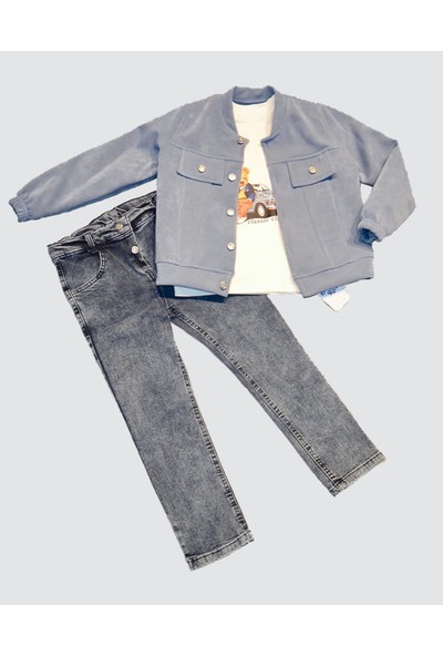 Nubuk Ceketli Uzun Kol Ayıcık Baskılı Sweatshirt ve Jean Pantolon 3' Lü Erkek Çocuk Takım 4-5-6 Yaş