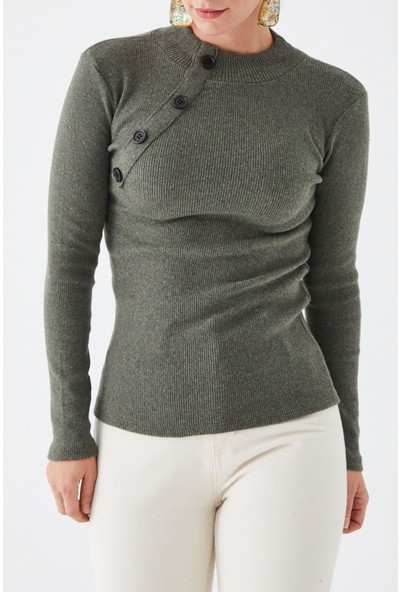 Düğme Detaylı Triko Bluz Haki