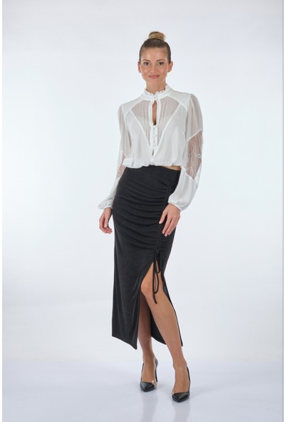 Bsb Hakim Yaka Düğmeli Uzun Kollu Ekru Kadın Bluz 148-510014