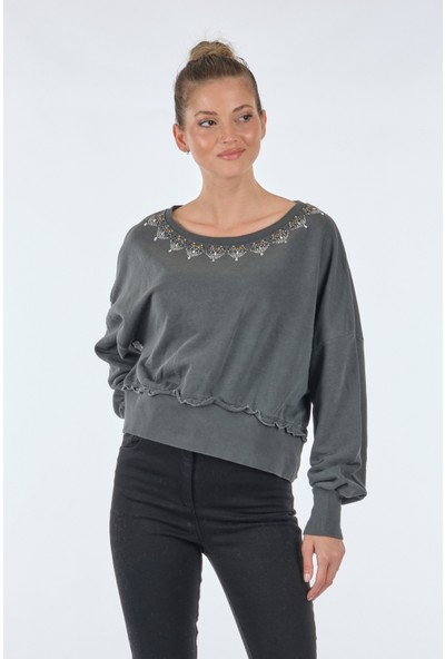 Bsb Yuvarlak Yaka Taş Detaylı Uzun Kollu Karbon Kadın Bluz 048-210009