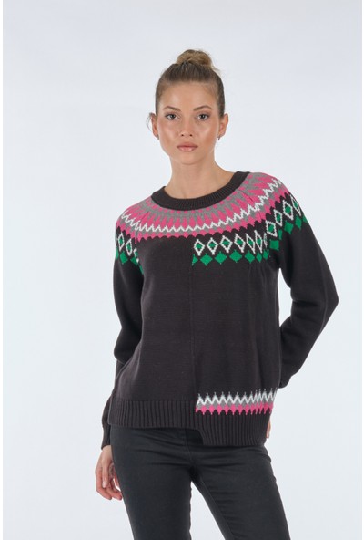 Unique Mode Yuvarlak Yaka Desenli Uzun Kollu Siyah Kadın Triko UW231042 Unique Mode Yuvarlak Yaka Desenli Uzun Kollu Siyah Kadın Triko UW231042