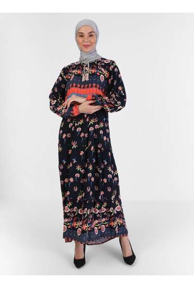 Zenane Desenli Tesettür Elbise - Siyah - Zenane