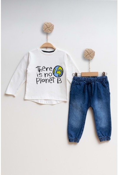 3 Maymun Çocuk Kot Sweatshirt Erkek Alt Üst Takım There Is No Planet B - Beyaz - 2 Yaş