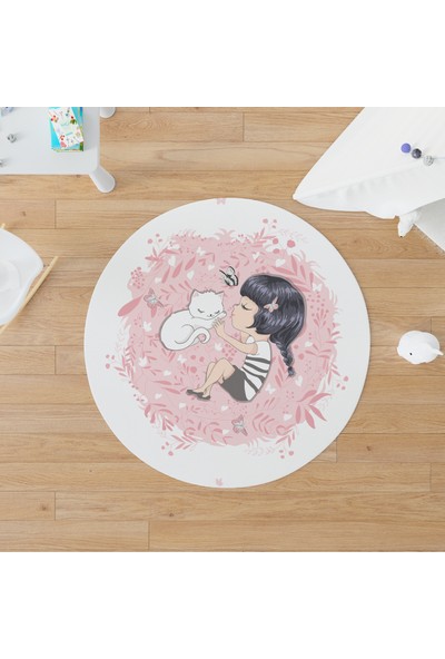 Paria Home Sevimli Kedicik ve Küçük Kız Yuvarlak Çocuk Odası Halısı 150X150 cm