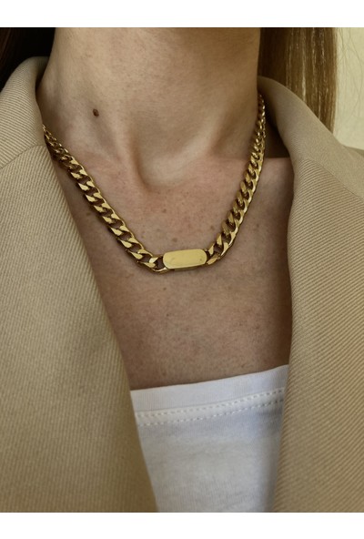 Çelik Zincir Detay Gold Künye Kolye Çelik Zincir Detay Gold Künye Kolye