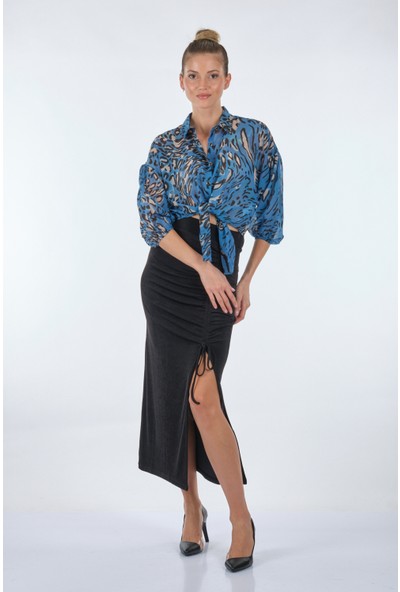 Bsb Düz Yaka Leopar Desenli Truvakar Kol Mavi Kadın Gömlek 048-516012