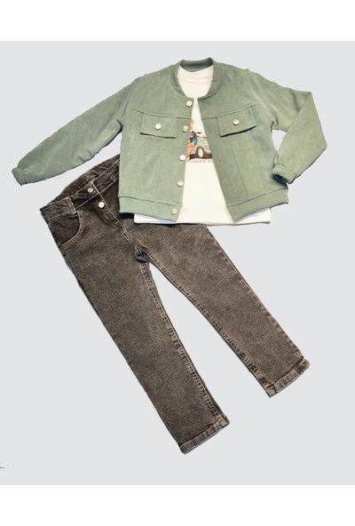 Nubuk Ceketli Uzun Kol Ayıcık Baskılı Sweatshirt ve Jean Pantolon 3' Lü Erkek Çocuk Takım 4-5-6 Yaş