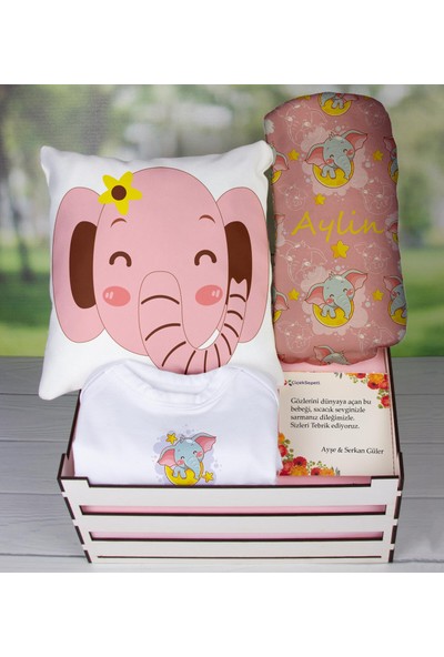 Ejoya Ahşap Sandıkta Kişiye Özel Zıbın Yastık ve Battaniye Bebek Armağan Seti