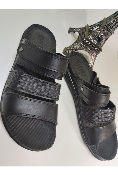Erkek Suni Deri 3 Bant Şeritli Siyah Terlik