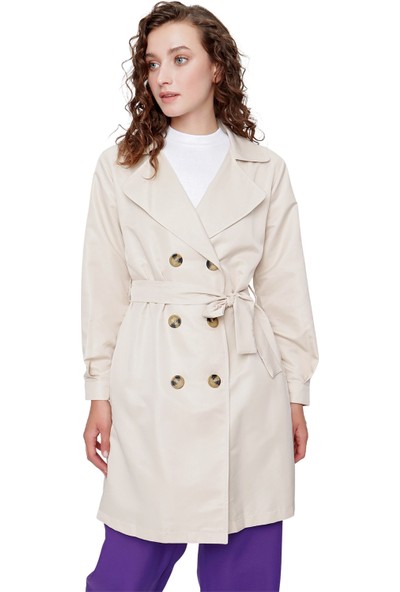 Butikburuc Kadın Bej Kruvaze Yaka Kuşaklı Trençkot