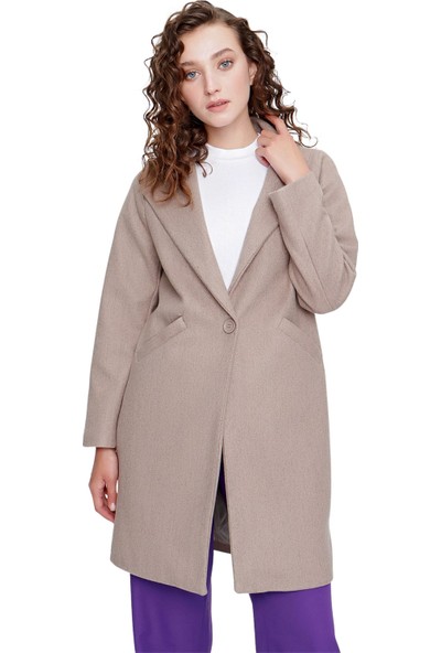 Butikburuc Kadın Koyu Vizon Tek Düğme Kaşe Kaban