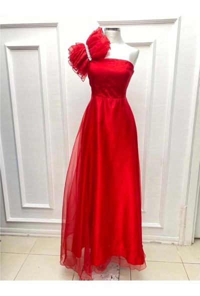 Azra Fashion Regart Omuzu Taşlı Abiye - Kırmızı - 36 - AZRA01932-KIRMIZI-36