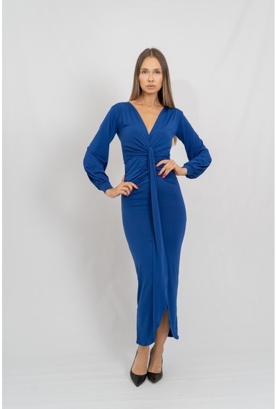 Kadın Saks Mavisi V Yaka Yırtmaçlı Uzun Abiye Elbise
