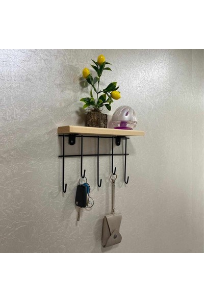 Çerçici Dekoratif Iskandinav Raf - 5 Kancalı Askılı Ahşap Raf Gold