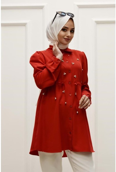 Taşlı Incili Beli Büzgülü Tunik - Kırmızı - 44