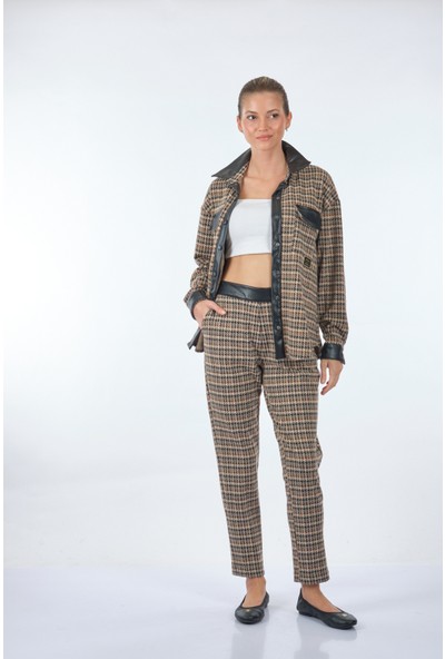 Ysatis Düz Yaka Kazayağı Uzun Kollu Bej-Kahve Kadın Gömlek 22236000104