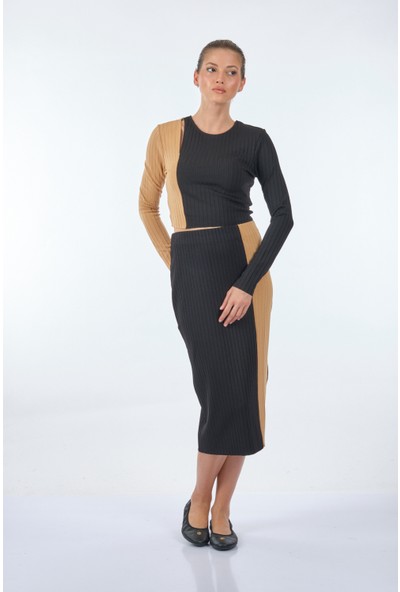 Naar Yuvarlak Yaka Uzun Kollu Siyah-Camel Kadın Bluz 22251301