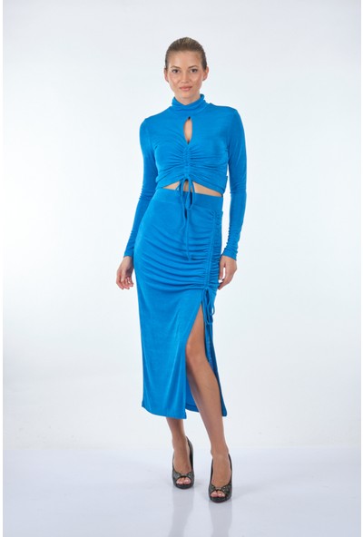 Naar Hakim Yaka Büzgülü Uzun Kollu Mavi Kadın Bluz 22251302