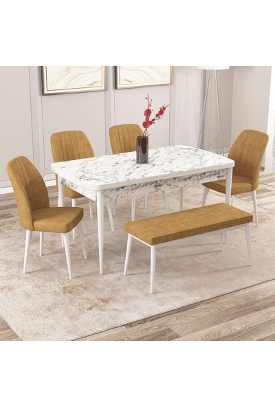 Rovena Zeta Beyaz Mermer Desen 80X132 Benchli Mdf Yemek Masası Takımı 4 Sandalyeli