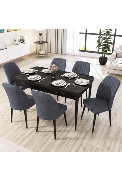 Rovena Zayn Siyah Mermer Desen 80X132 Yemek Masası Takımı 6 Sandalyeli