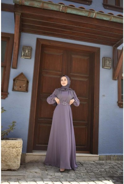 Abiye Elbise Beli Taş Kemerli - Lila - 38