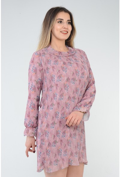 Cnr Triko Yakası Fırfırlı Çiçekli Kısa Şifon Elbise