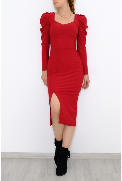 Myglobal Kare Yaka Yırtmaçlı Elbise Bordo - 5360.1234.