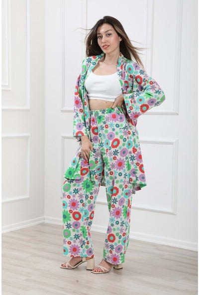 For Angels Kadın Desenli Lastikli Pantolon 22101 - Yeşil - 36