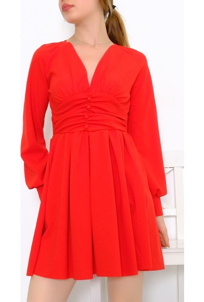 Myglobal Ön Düğmeli Elbise Kırmızı - 582230.1592.