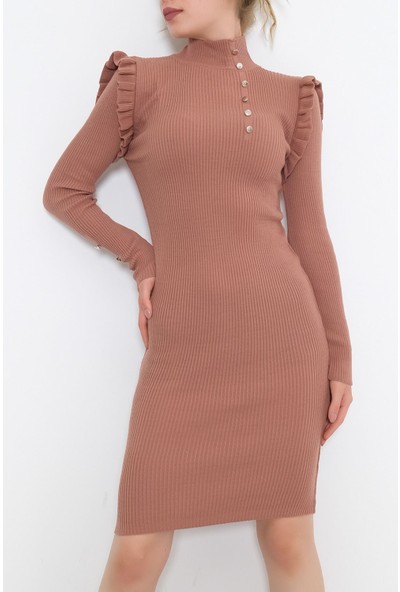 Myglobal Yaka Kol Düğme Detaylı Elbise Pudra - 10000.1612.