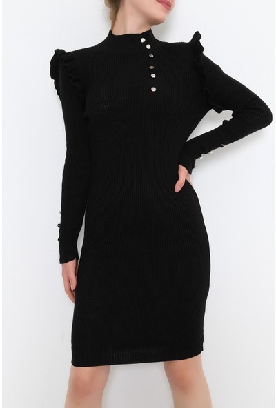 Myglobal Yaka Kol Düğme Detaylı Elbise Siyah - 10000.1612.