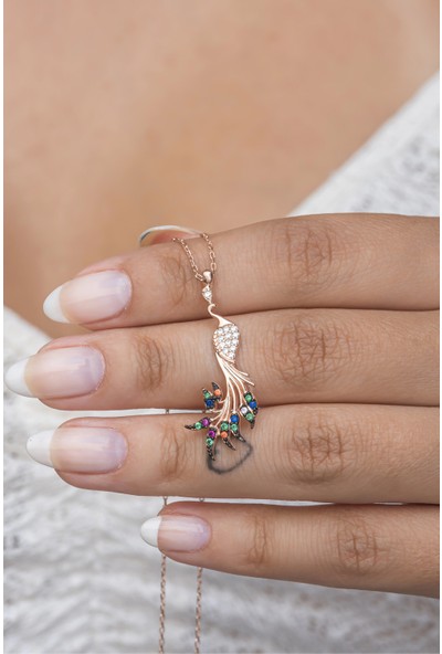 925 Ayar Gümüş Rose Mix Taşlı Tavus Kuşu Kolye 925 Ayar Gümüş Rose Mix Taşlı Tavus Kuşu Kolye